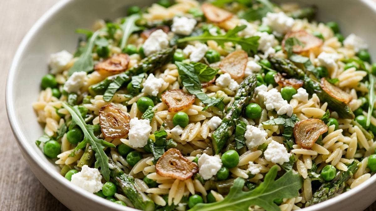 Orzo Salad With Asparagus, Peas, and Crispy Shallots - Delishably
