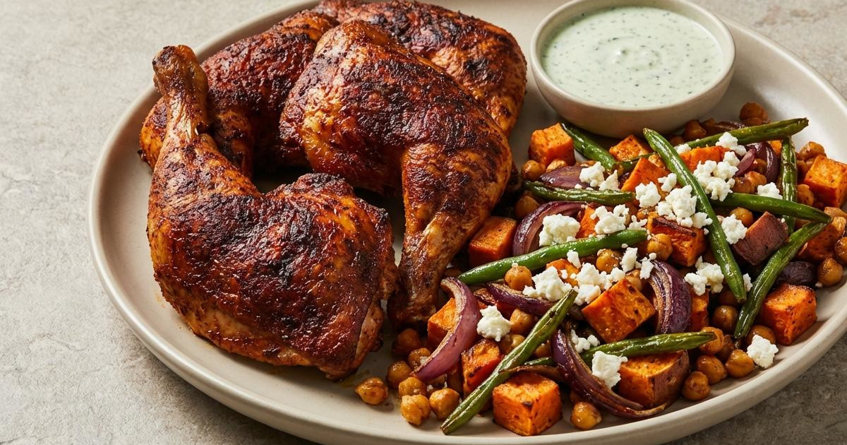 Sheet-Pan Roasted Chicken with Sweet Potato Hash - Delishably