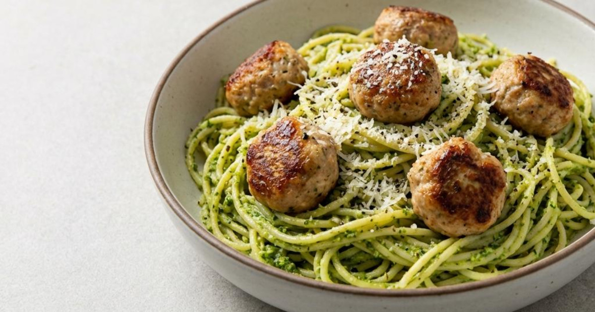 Baked Chicken Meatballs with Broccoli Pesto Pasta - Delishably