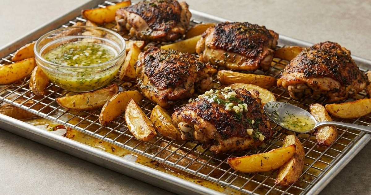 Sheet-Pan Chicken Thighs With Crispy Potatoes and Lemon Herb Butter ...