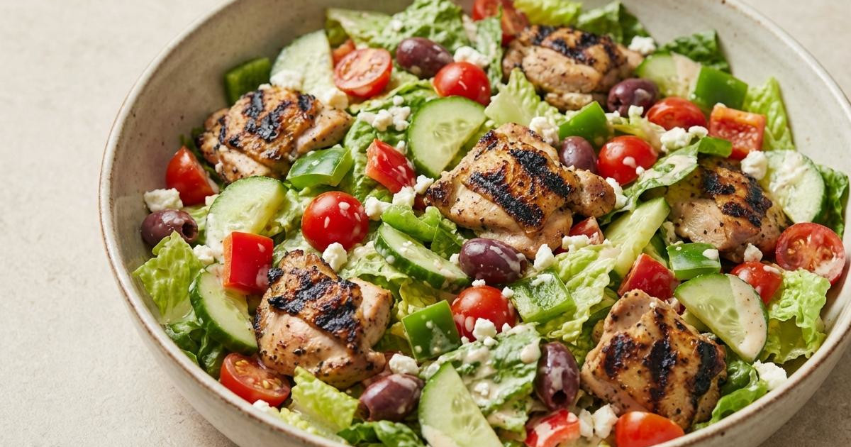 Creamy Feta Greek Salad With Grilled Chicken Thighs - Delishably