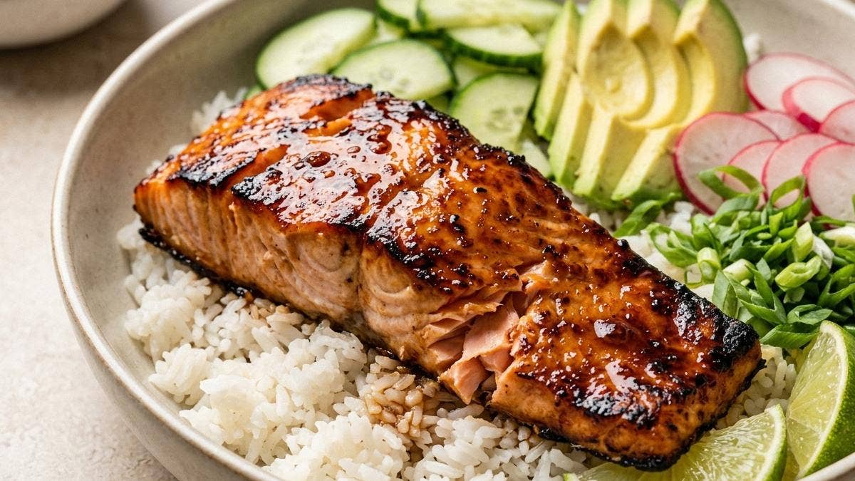 Sticky Hot Honey Salmon Rice Bowls - Delishably