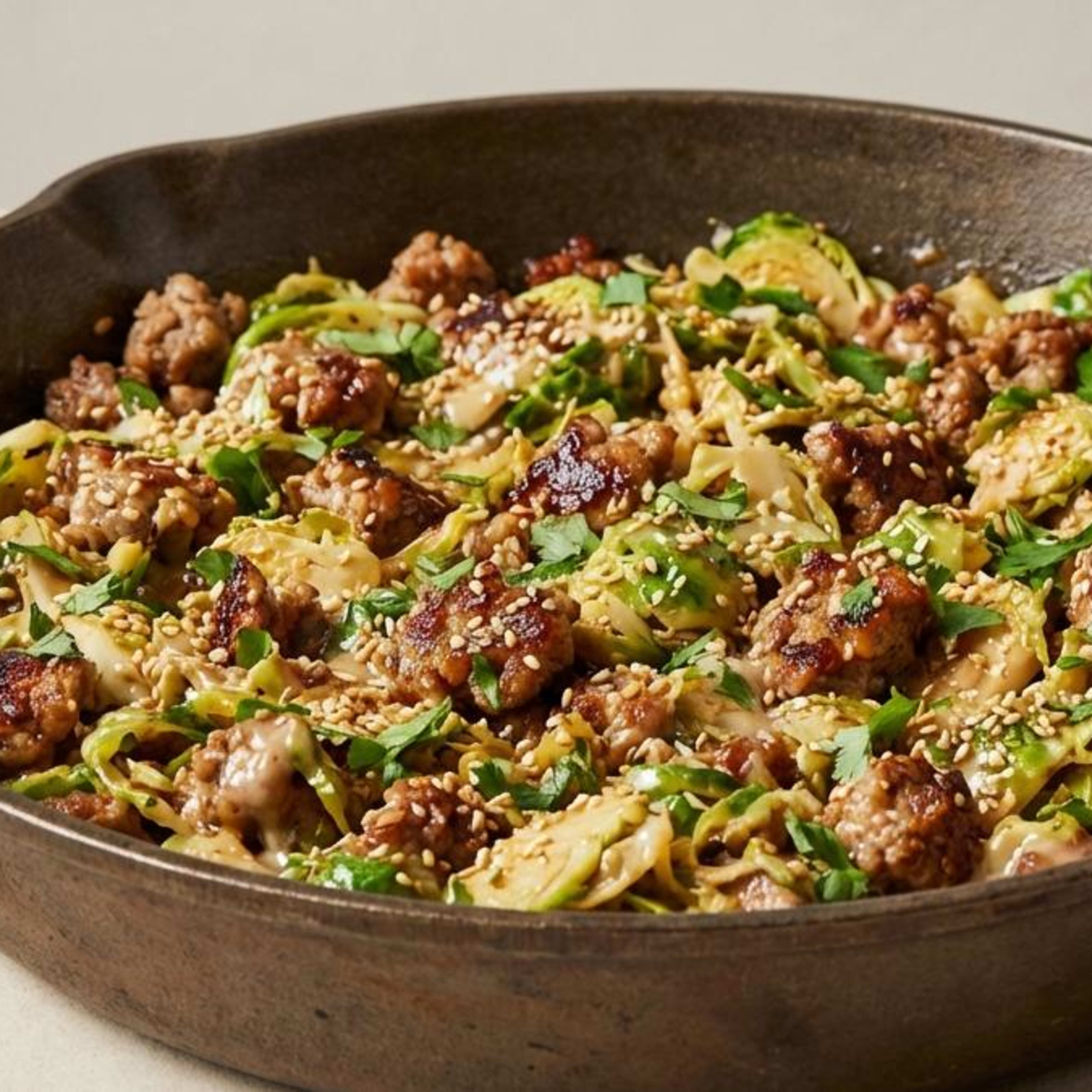 Ground Pork and Brussels Sprouts Skillet With Peanut Sauce - Delishably
