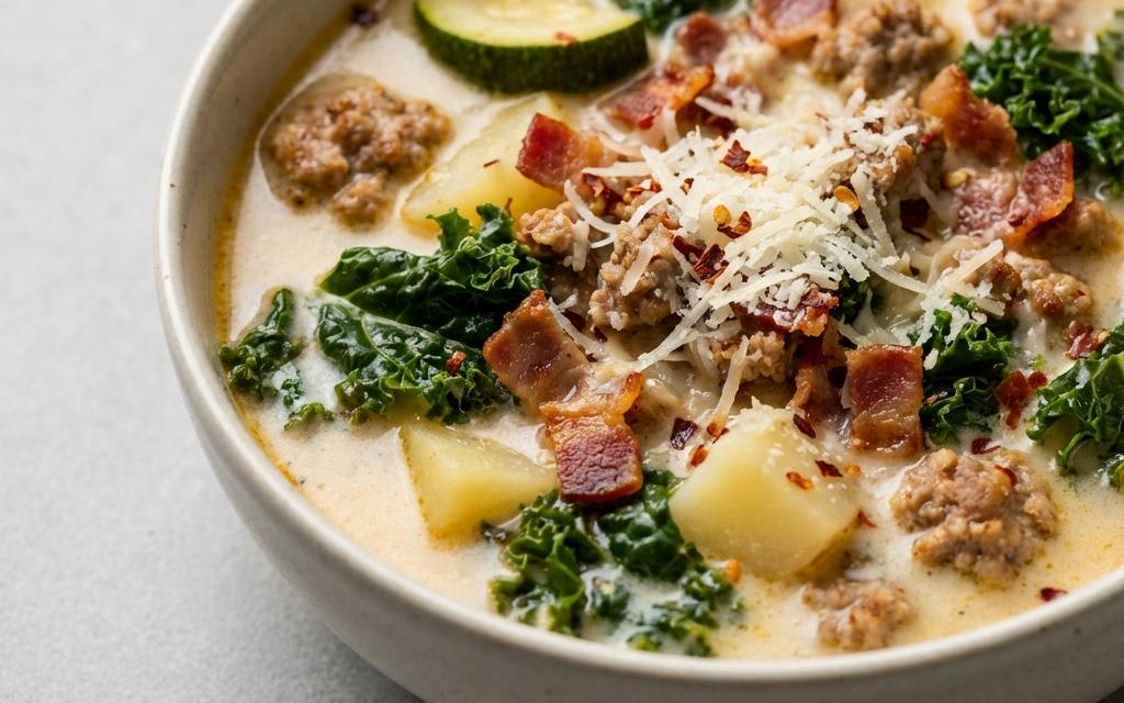 Creamy Zuppa Toscana with Italian sausage, bacon, potatoes, zucchini ...
