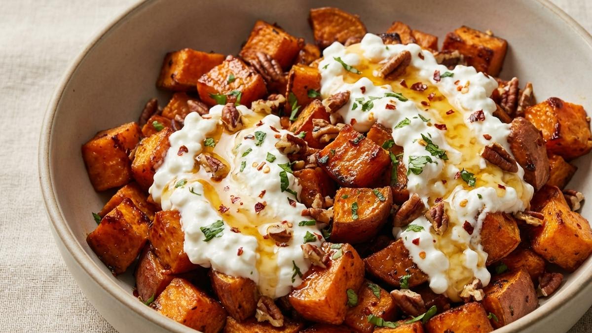 Hot Honey Sweet Potato Cottage Cheese Bowl - Delishably